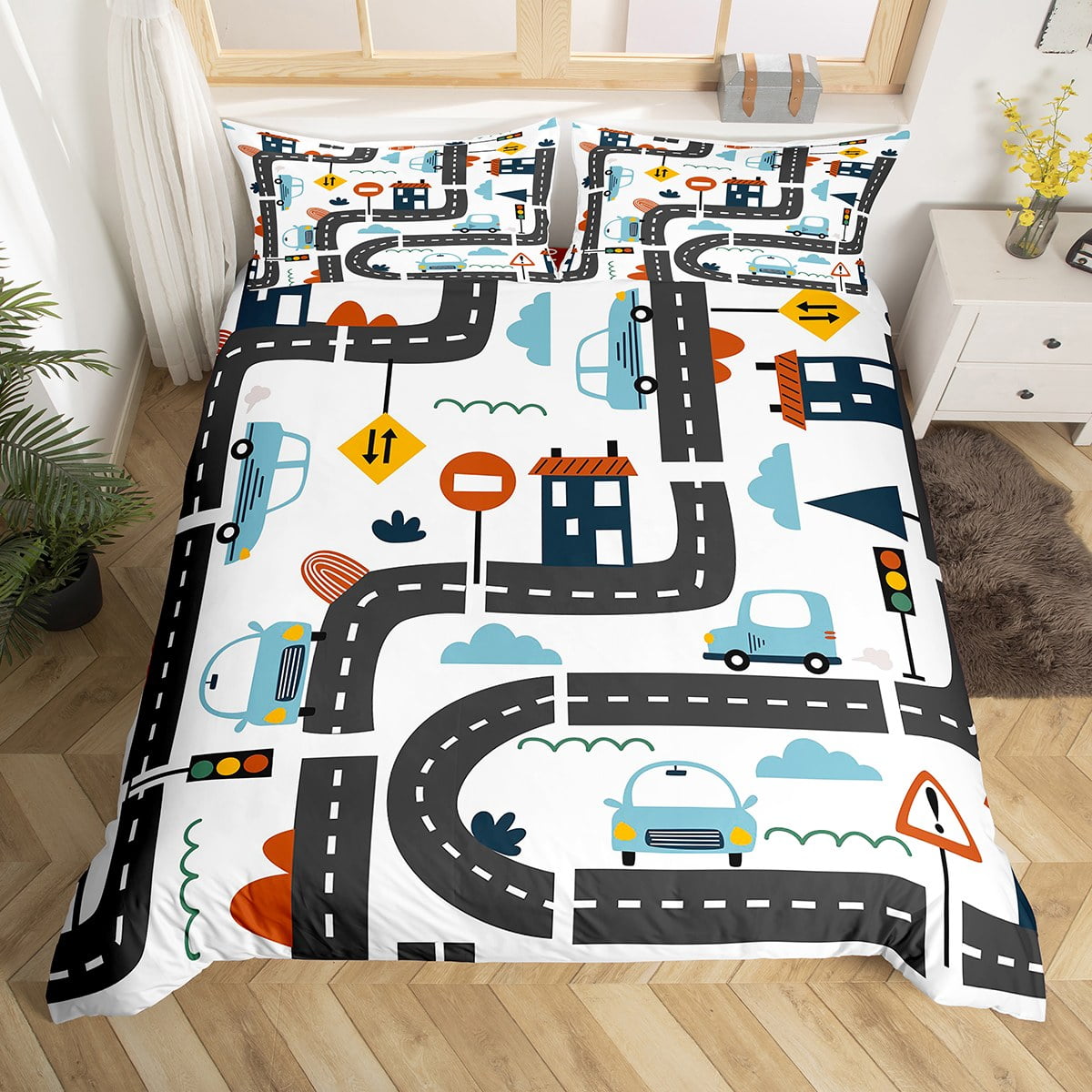 Transport Duvet Cover Full, Cars Roads Bedding Set, Cartoon Black Road ...