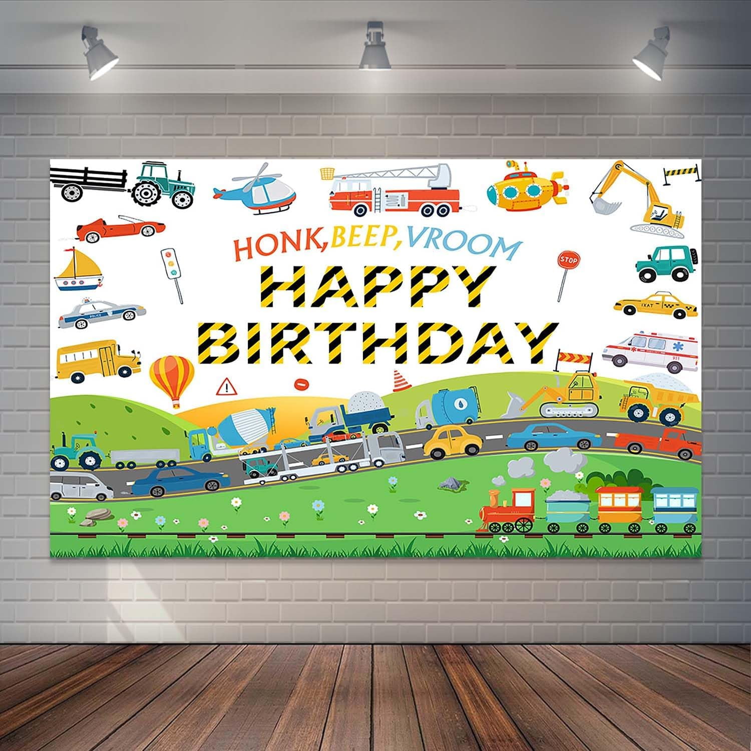 Transportation Birthday Backdrop Cartoon Airplane Train Car Bus Vehicle ...