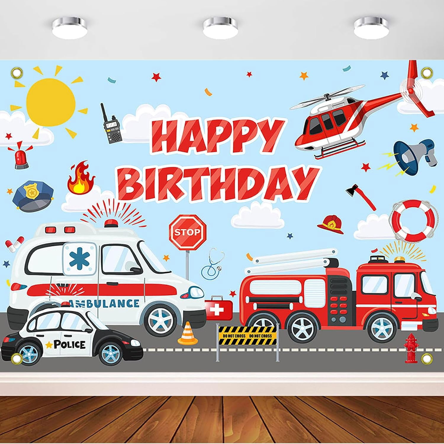 Transportation Birthday Backdrop for Kids Planes Ambulance Fire Engine ...
