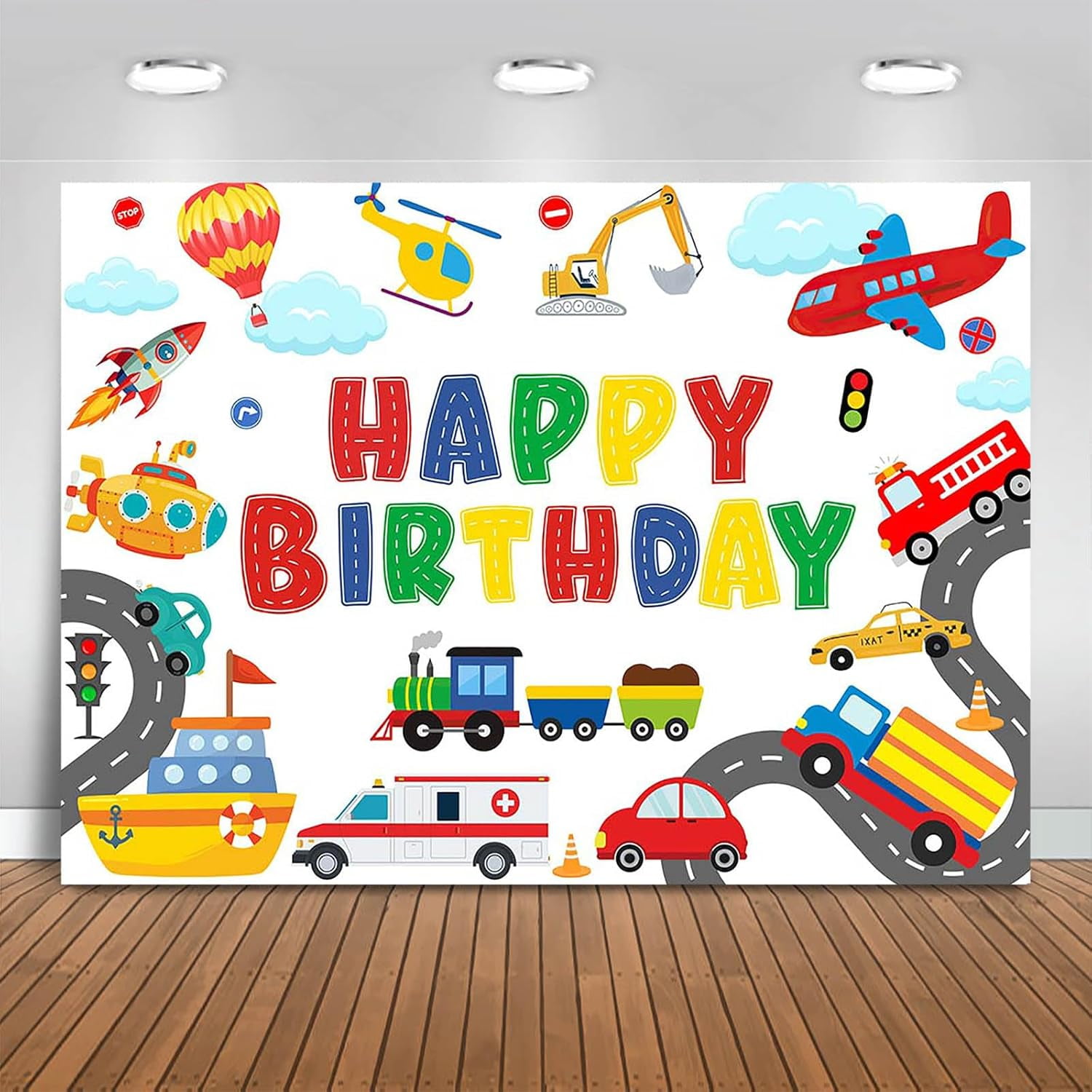 Transportation Birthday Backdrop Plane Train Car Sailboat Vehicle ...