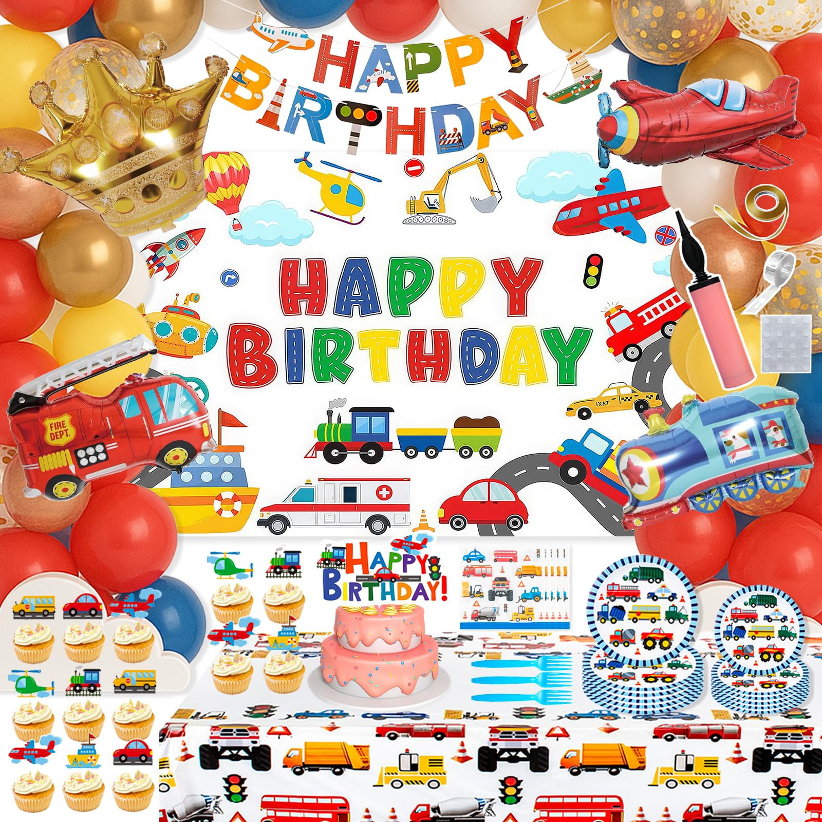 Transportation Birthday Decoration FEV6 Kit - 192 PCS All-In-1 Complete ...