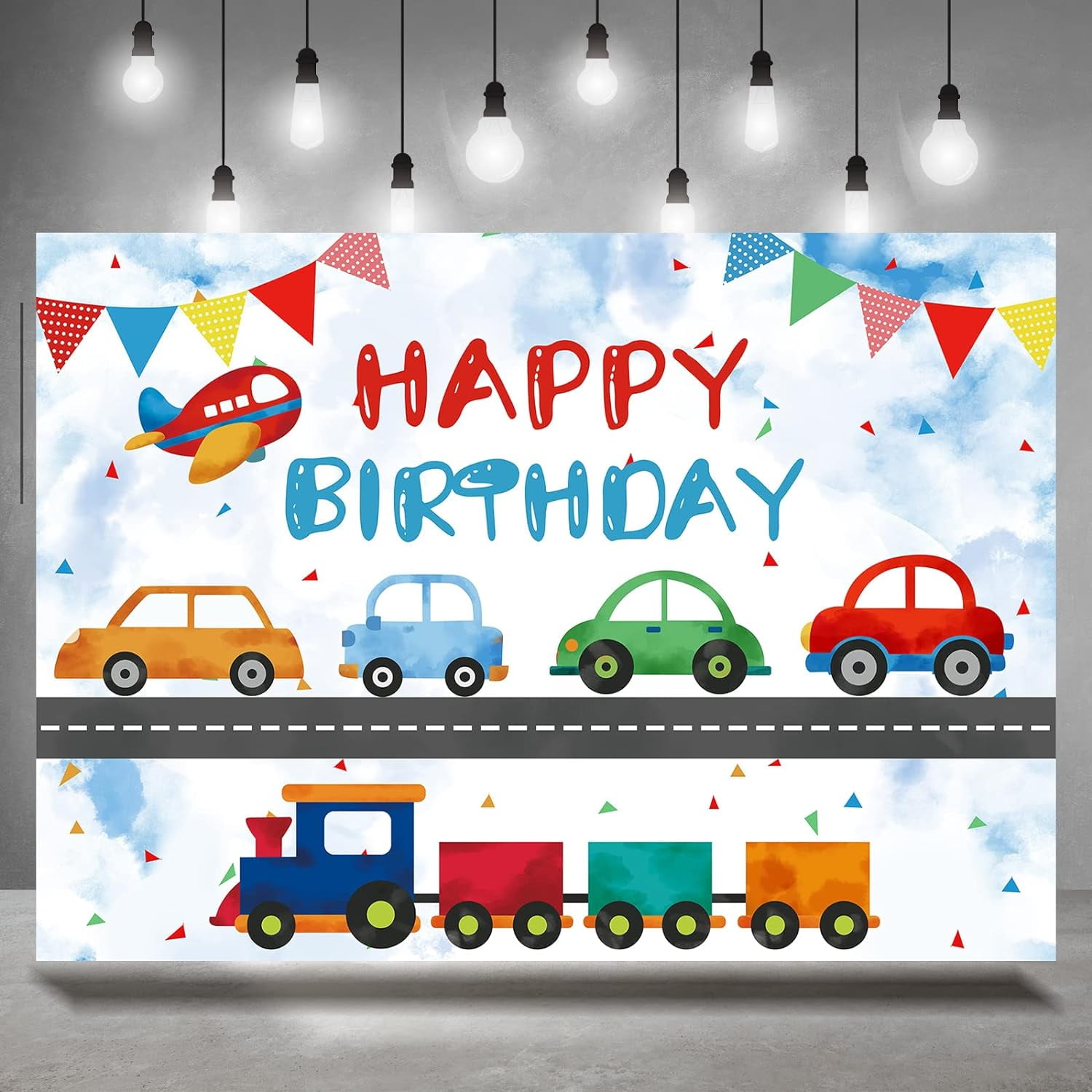 Transportation Birthday Party Backdrop Automobile Train Planes Car Boy ...