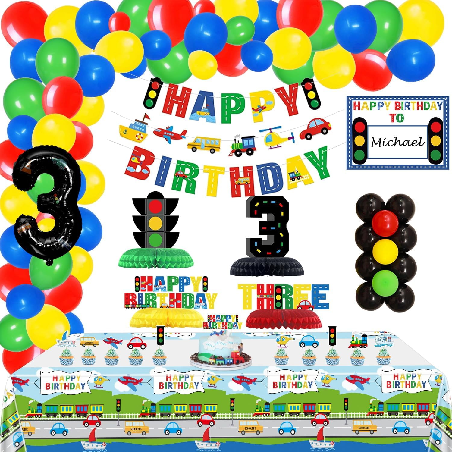 Transportation Birthday Party Supplies DHF10 for 3 Years Old, Happy ...