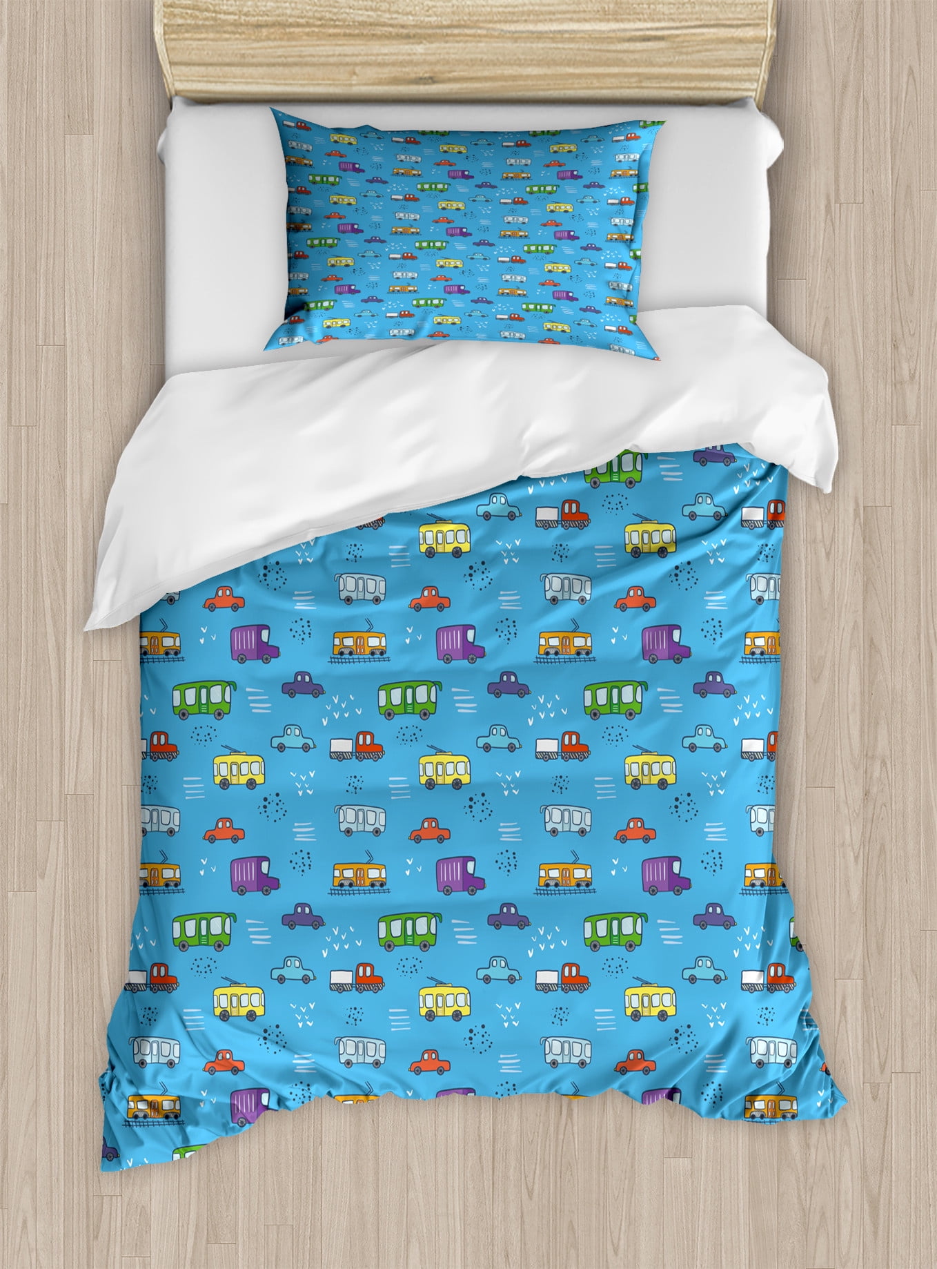 Transportation Duvet Cover Set, Colorful Cartoon Composition of ...