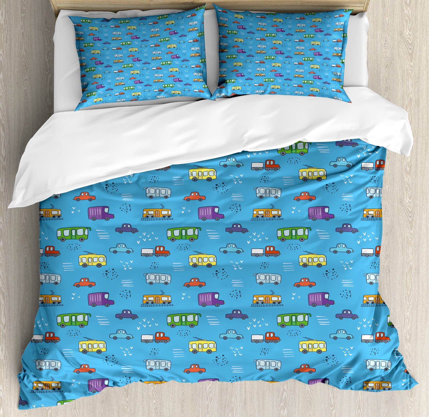 Transportation Duvet Cover Set, Colorful Cartoon Composition of ...