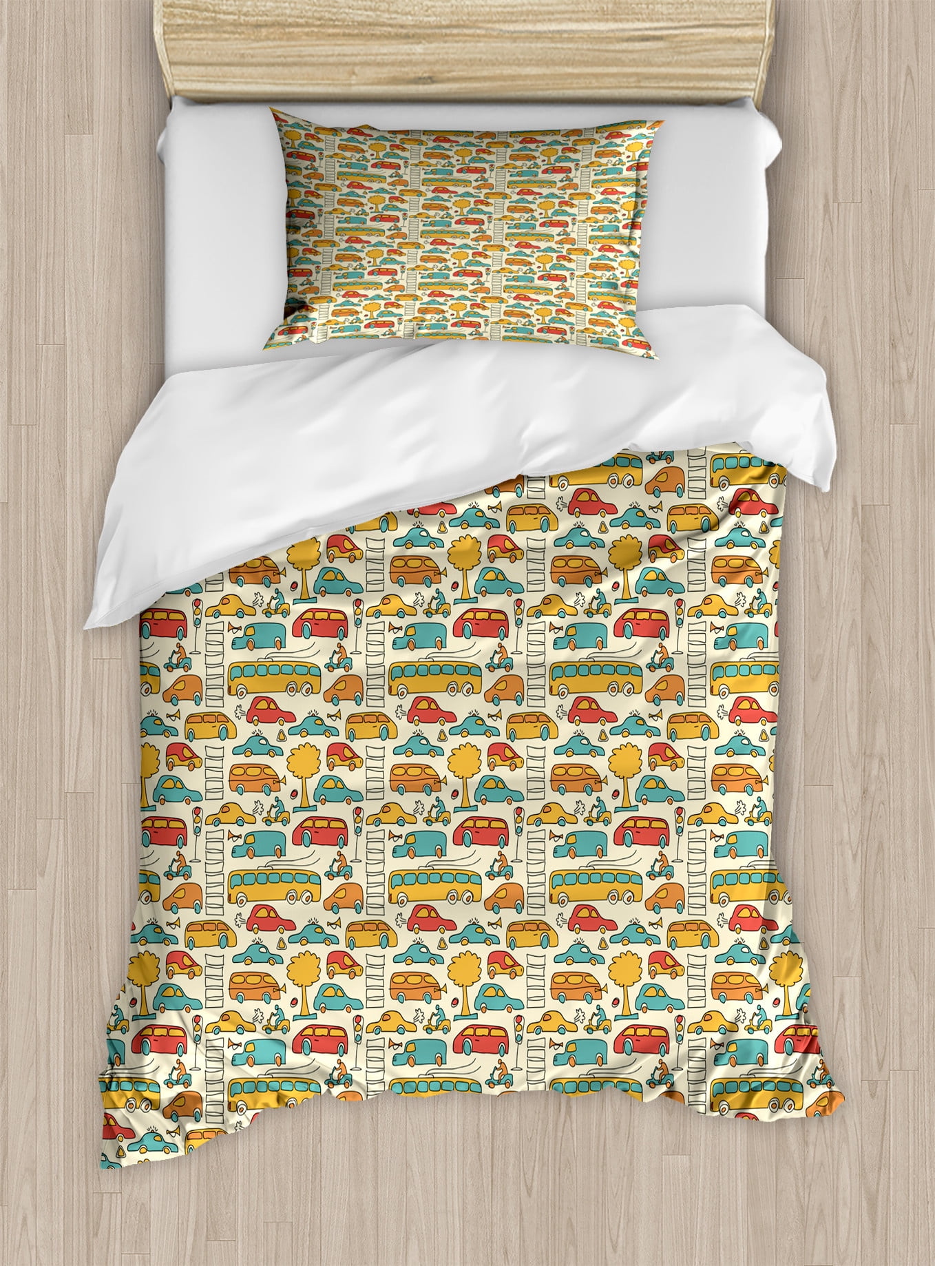 Transportation Duvet Cover Set, Rhythmic Bus Cars Motorcycles Trees ...