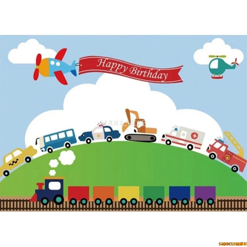 Transportation Happy Birthday Party Backdrop Automobile Planes Car Boy ...