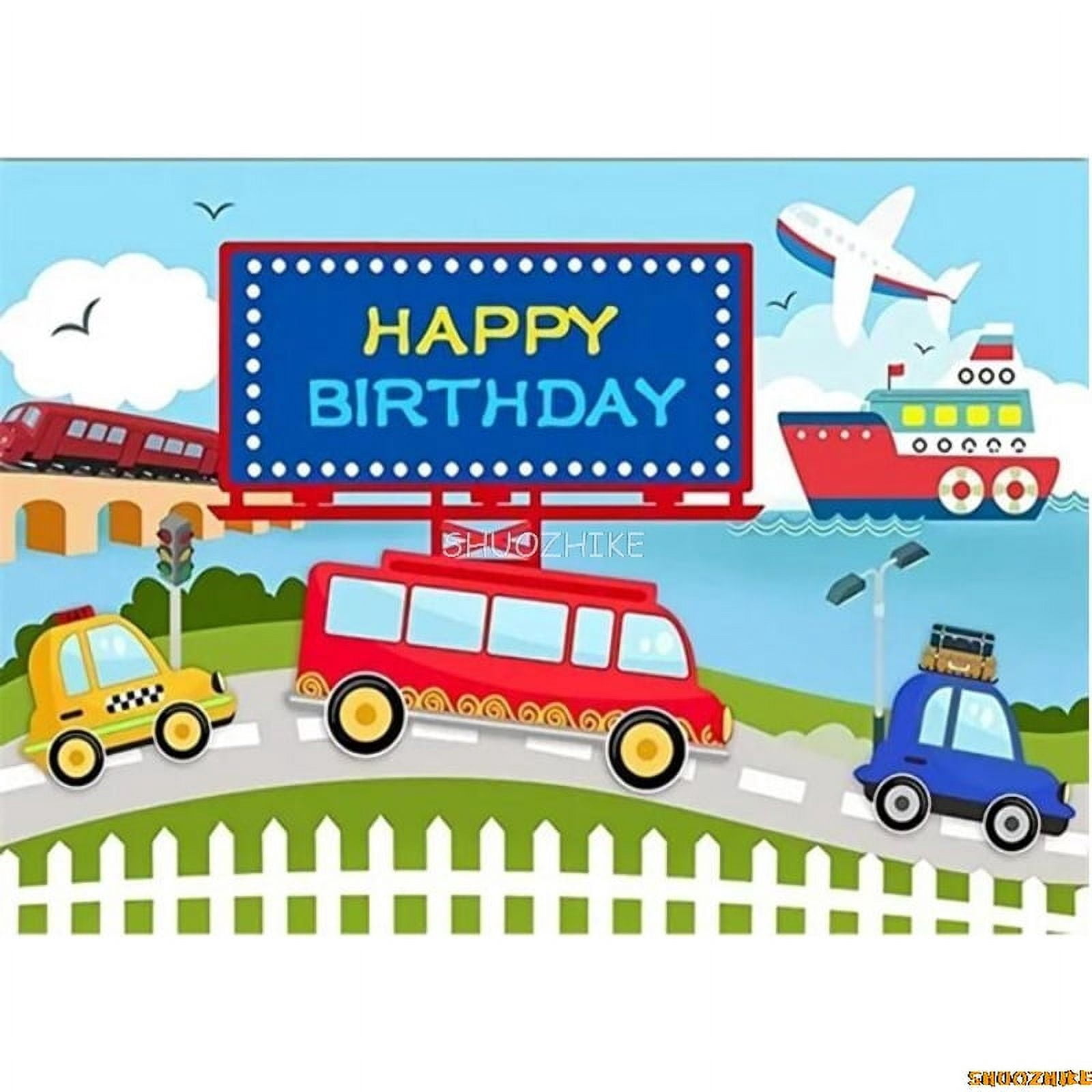 Transportation Happy Birthday Party Backdrop Automobile Planes Car Boy ...