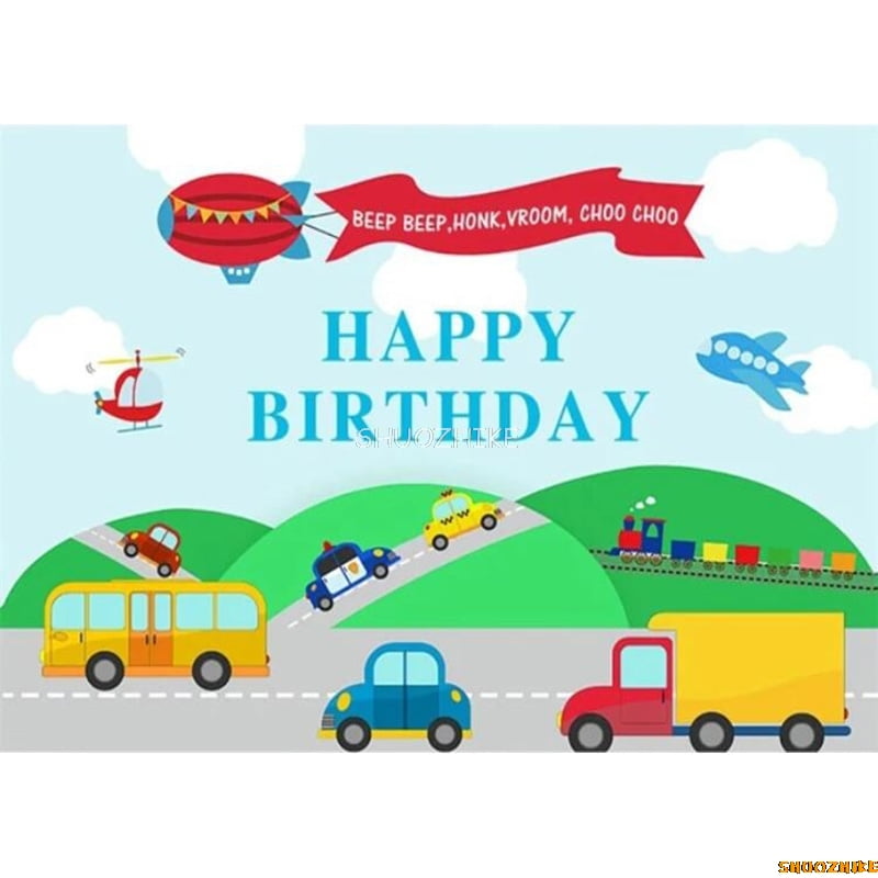 Transportation Happy Birthday Party Backdrop Automobile Planes Car Boy ...