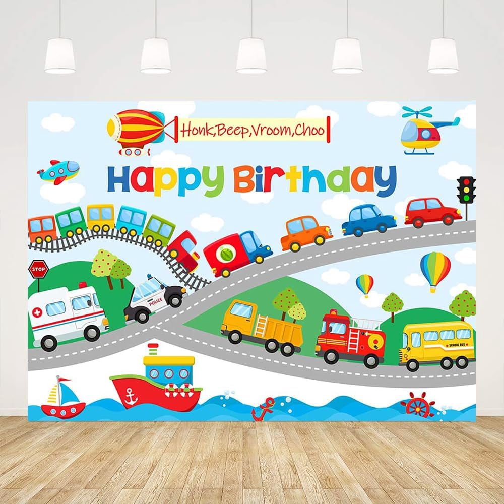 Transportation Theme Birthday Backdrop Car Bus Plane Ship Helicopter ...