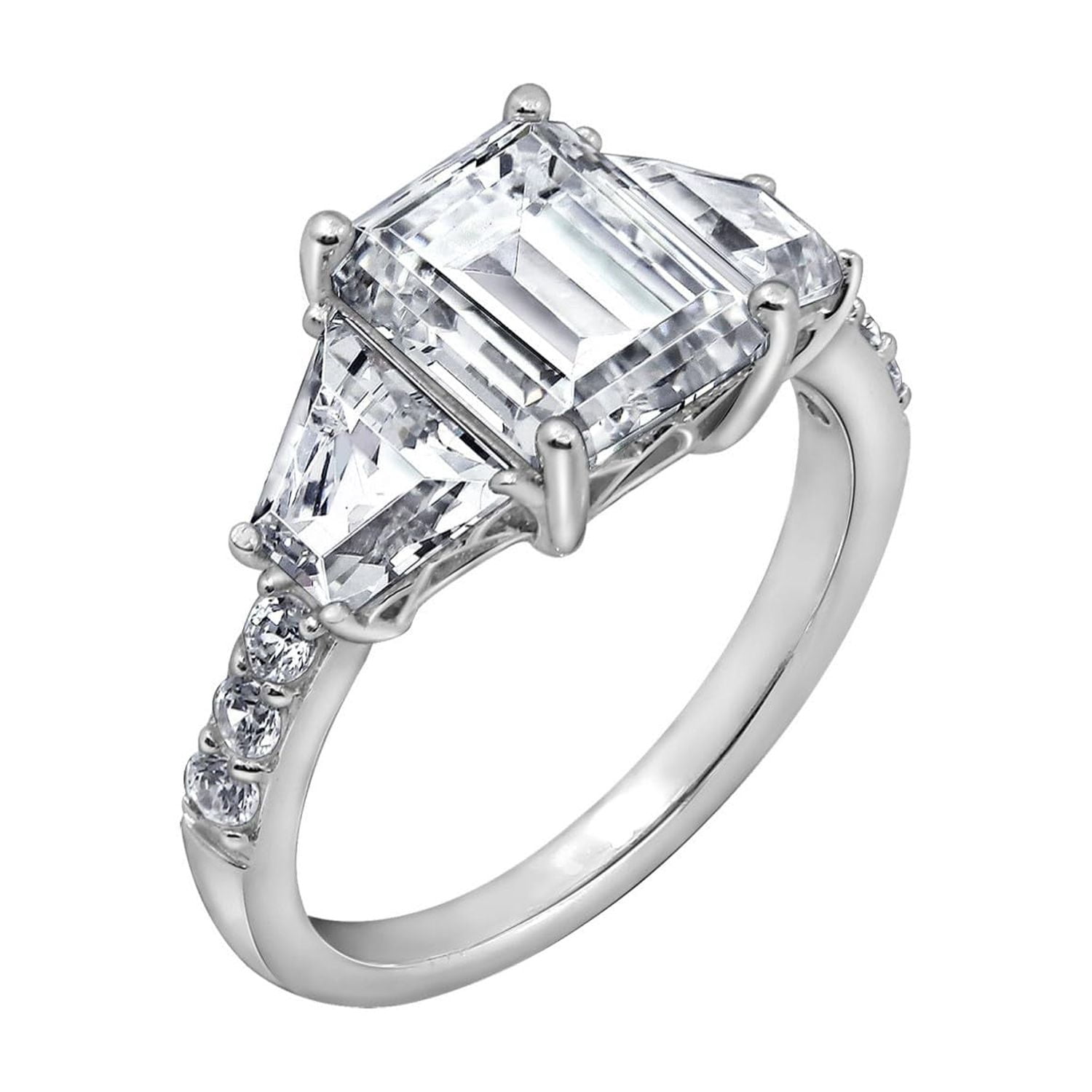 Trapeze And Emerald Cut Diamond Ring, Three Stone Diamond Engagement ...
