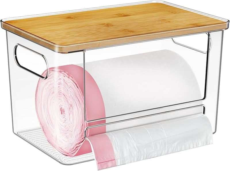 Trash Bag Dispenser 2 Pack, Acrylic Garbage Bag Dispenser with Bamboo ...