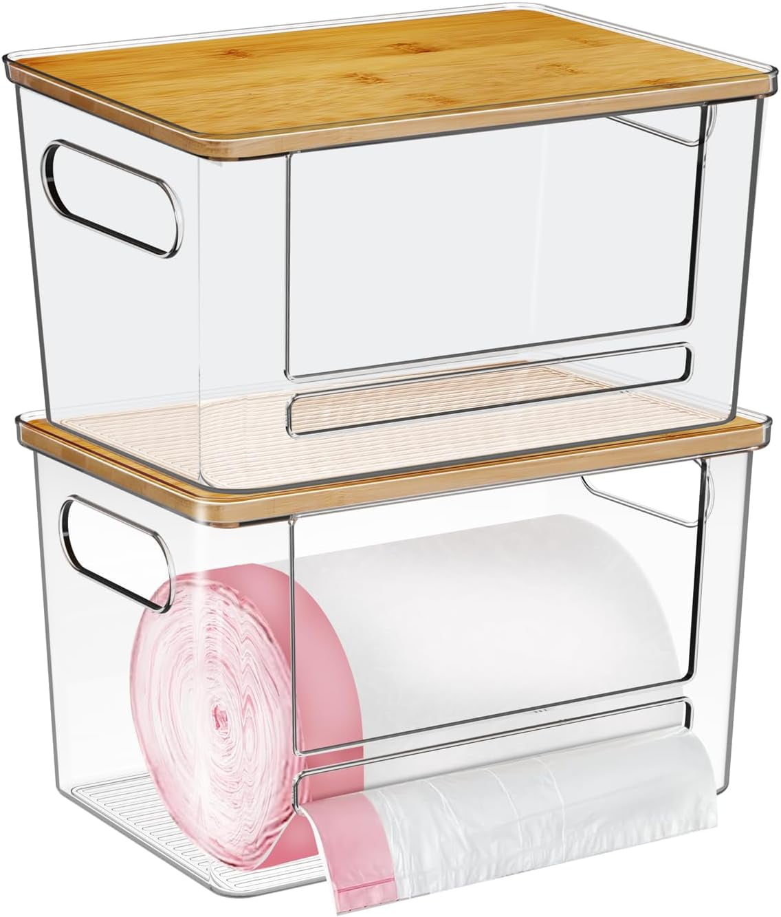 Trash Bag Dispenser 2 Pack, Acrylic Garbage Bag Dispenser with Bamboo ...