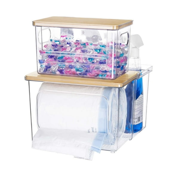 Kitchen Trash Bag Holder, 3-in-1 Stackable Dispenser with Bamboo Lid ...
