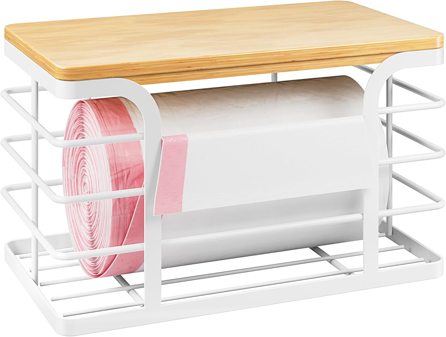 Trash Bag Holder Dispenser with Bamboo Top,Wall Mount Garbage Bag ...