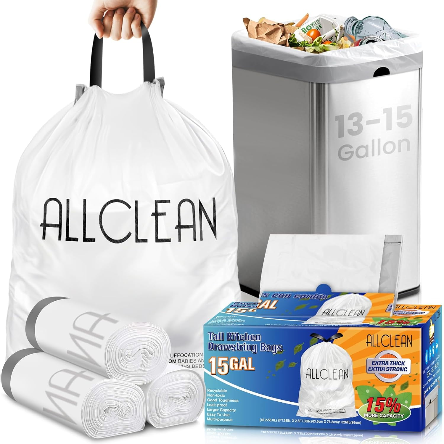 Trash Bags 15 Gallon Tall Kitchen Drawstring Garbage Bags,Fit 13-15 Gal ...