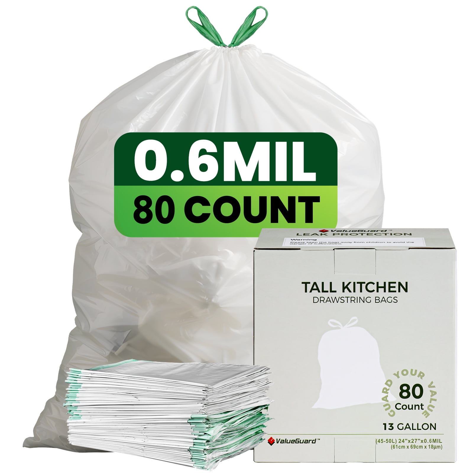 Valueguard Strong Flex 13-Gallon Drawstring Tall Kitchen Trash Bags ...