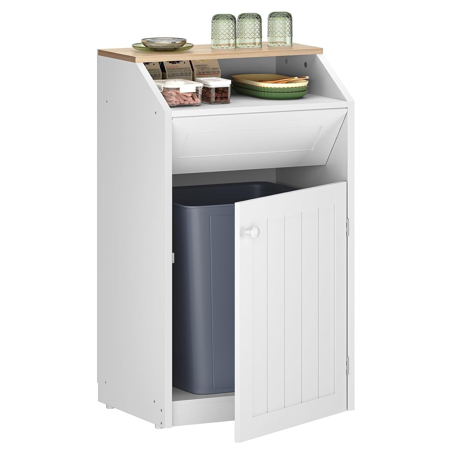 Trash Cabinet, Freestanding Trash Can Cabinet, Wooden Recycling with Flip Door, Hidden Kitchen ...
