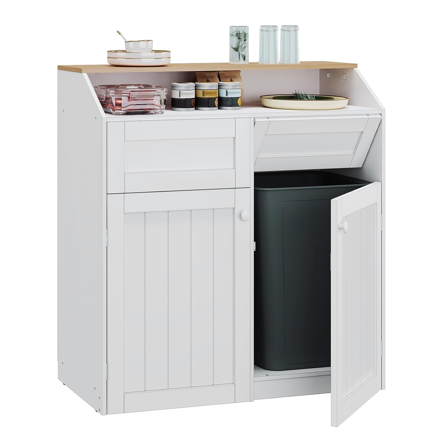 Trash Cabinet, Freestanding Trash Can Cabinet, Wooden Recycling with ...