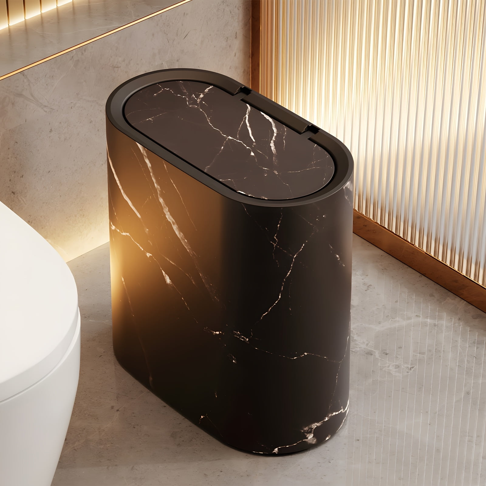 Trash Can, 3.17 Gallon Square Deodorant Marble and Wood Grain Plastic ...