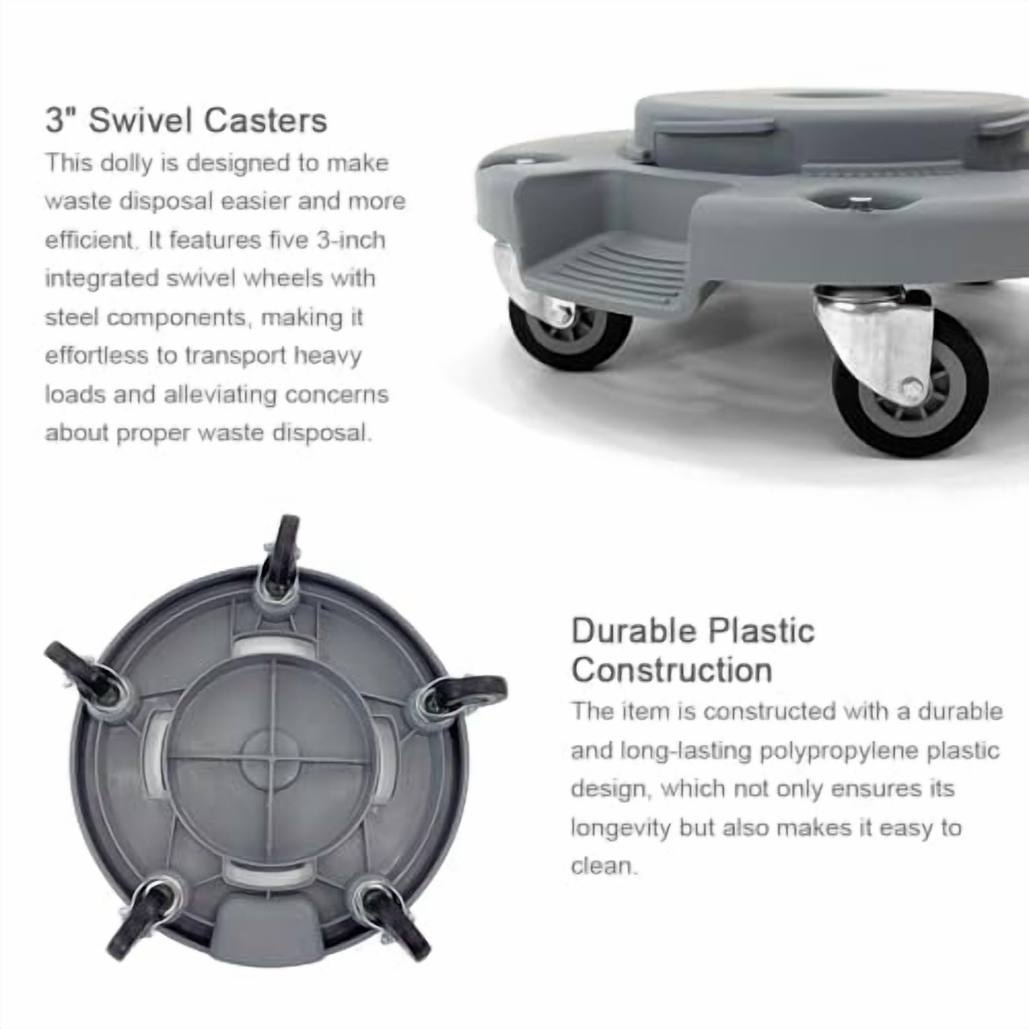 Trash Can Dolly | Heavy-Duty Plastic | 5 Casters | Foot Stabilizer ...
