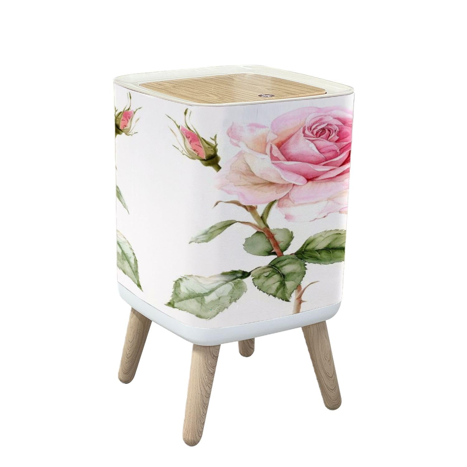 Trash Can with Lid A Beautiful Rose Flower Leaves stem Watercolor ...