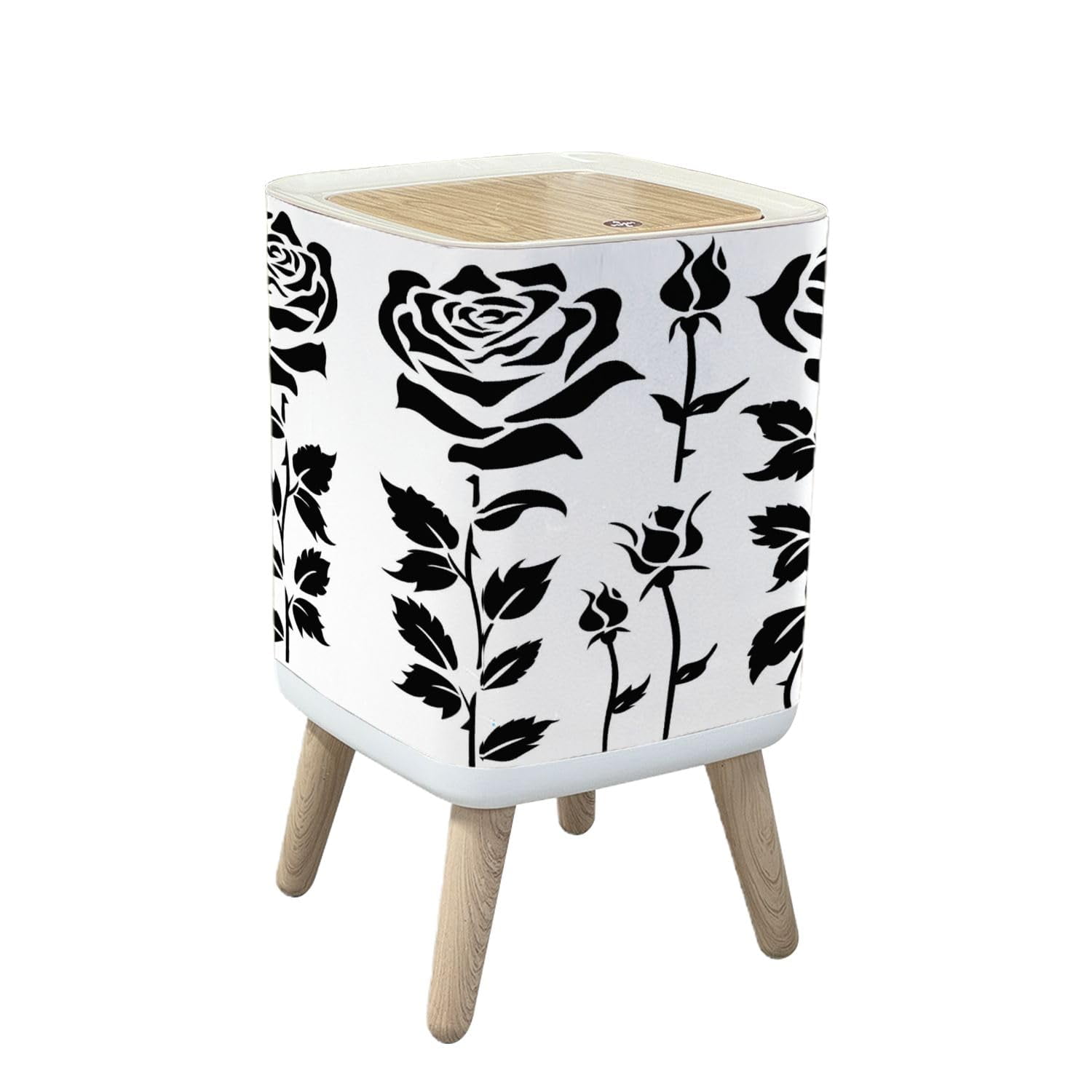 Trash Can with Lid Set Decorative Flower Silhouette Bud Leaves for Rose ...