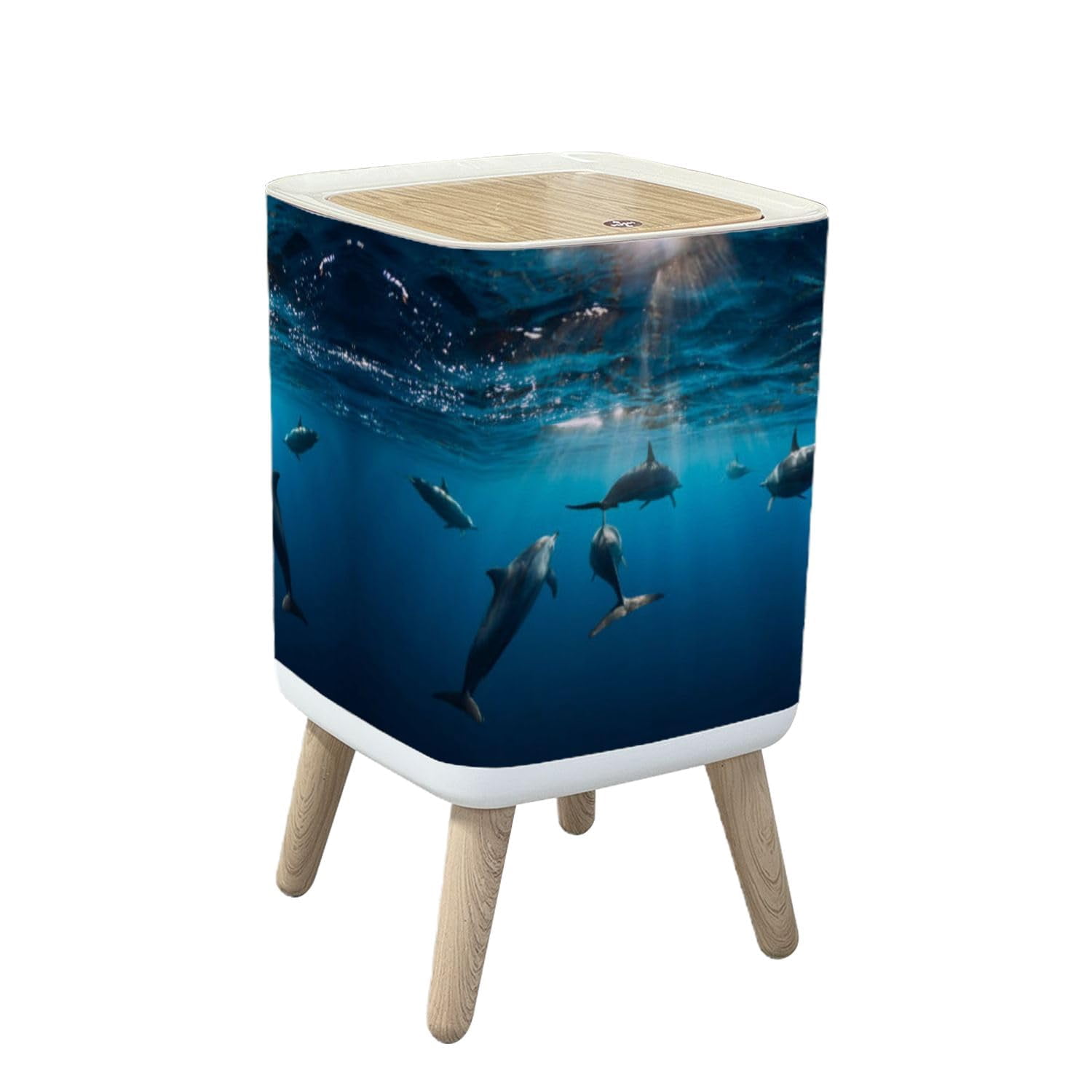 Trash Can with Lid Spinner Dolphins Underwater Blue Ocean Garbage Can ...