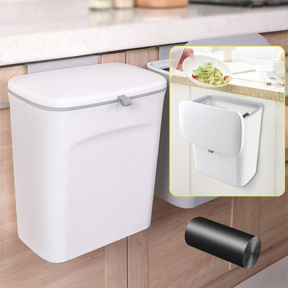 Trash Can with Lid, 2.37 Gallon Capacity, White, Polypropylene Material ...