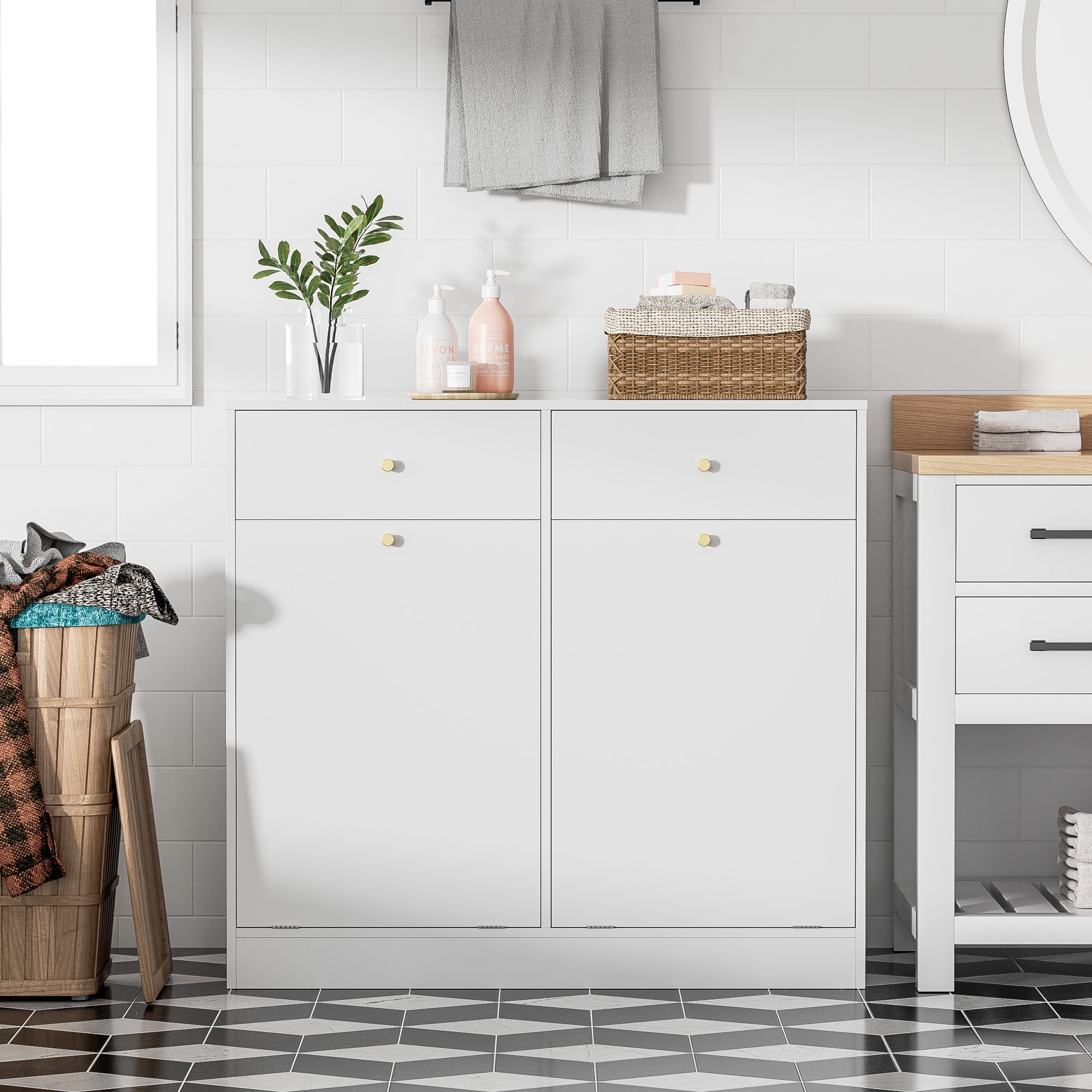 Trash Storage Cabinet with 2 Drawers, Double Tilt Out Trash Can Cabinet ...