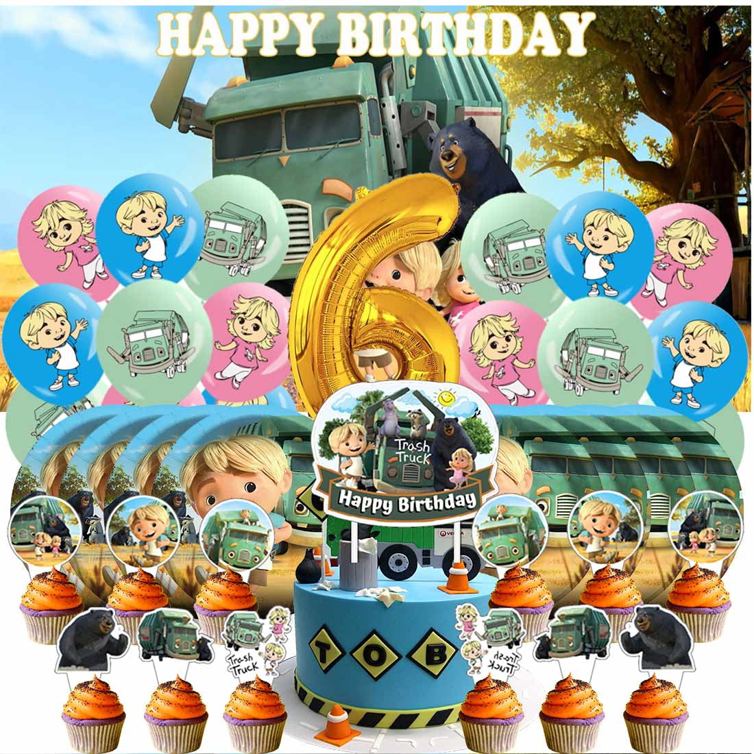 Trash Truck Balloons Party Supplies 6th Decor Tableware Birthday Cake ...