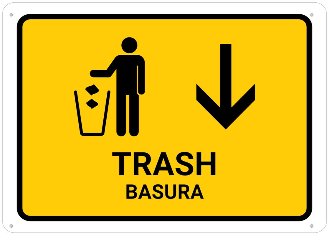 Trash With Down Arrow Yellow Bilingual Spanish Sign Outdoor, Uv Printed ...