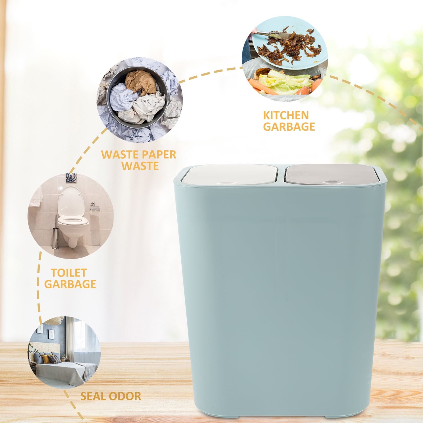 Clispeed Plastic Dual Bin Trash Container with Lid Sky Blue for Kitchen ...