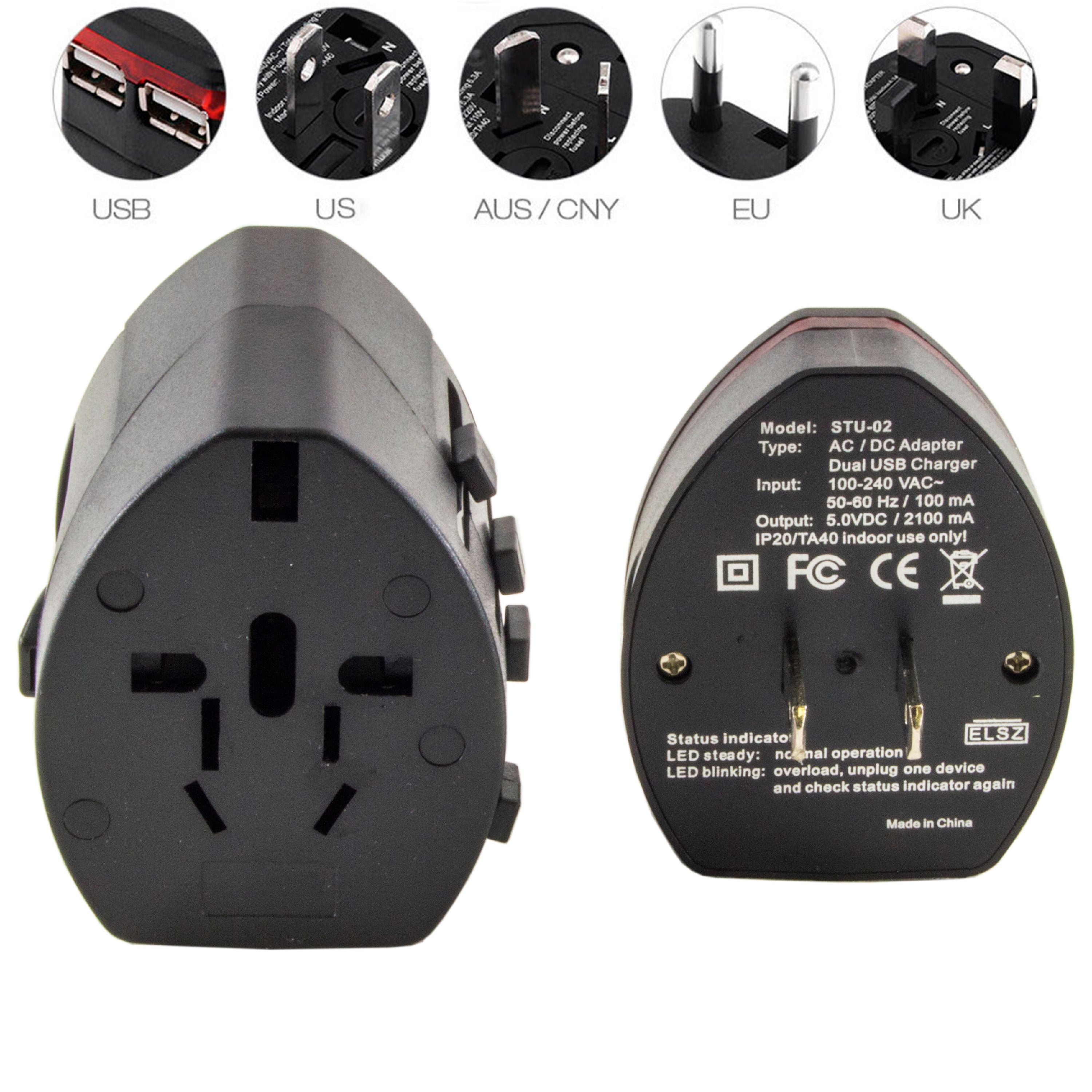 Travel Adapter USA, UK, EU, AUS/CNY Charger Power Plug Converter 2 USB ...