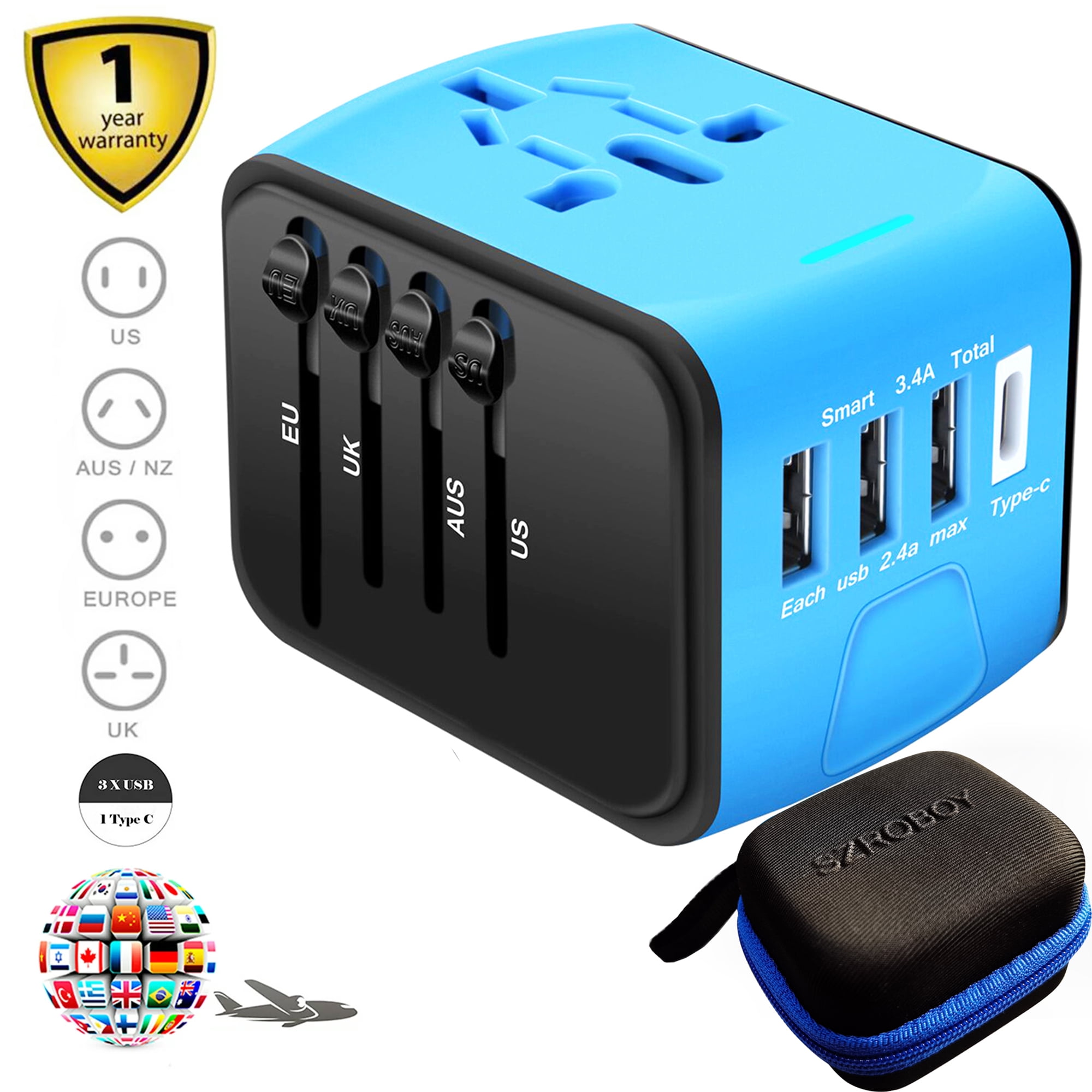 SZROBOY Universal Travel Adapter, 4-Port USB, All-in-one for US, EU, UK ...