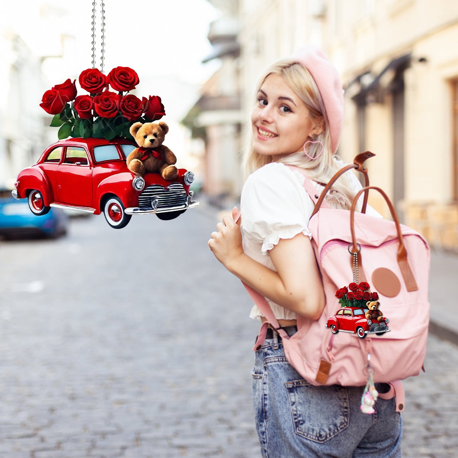 Travel Backpack Flat Acrylic Cute Bear And Rose Backpack Pendant Car ...