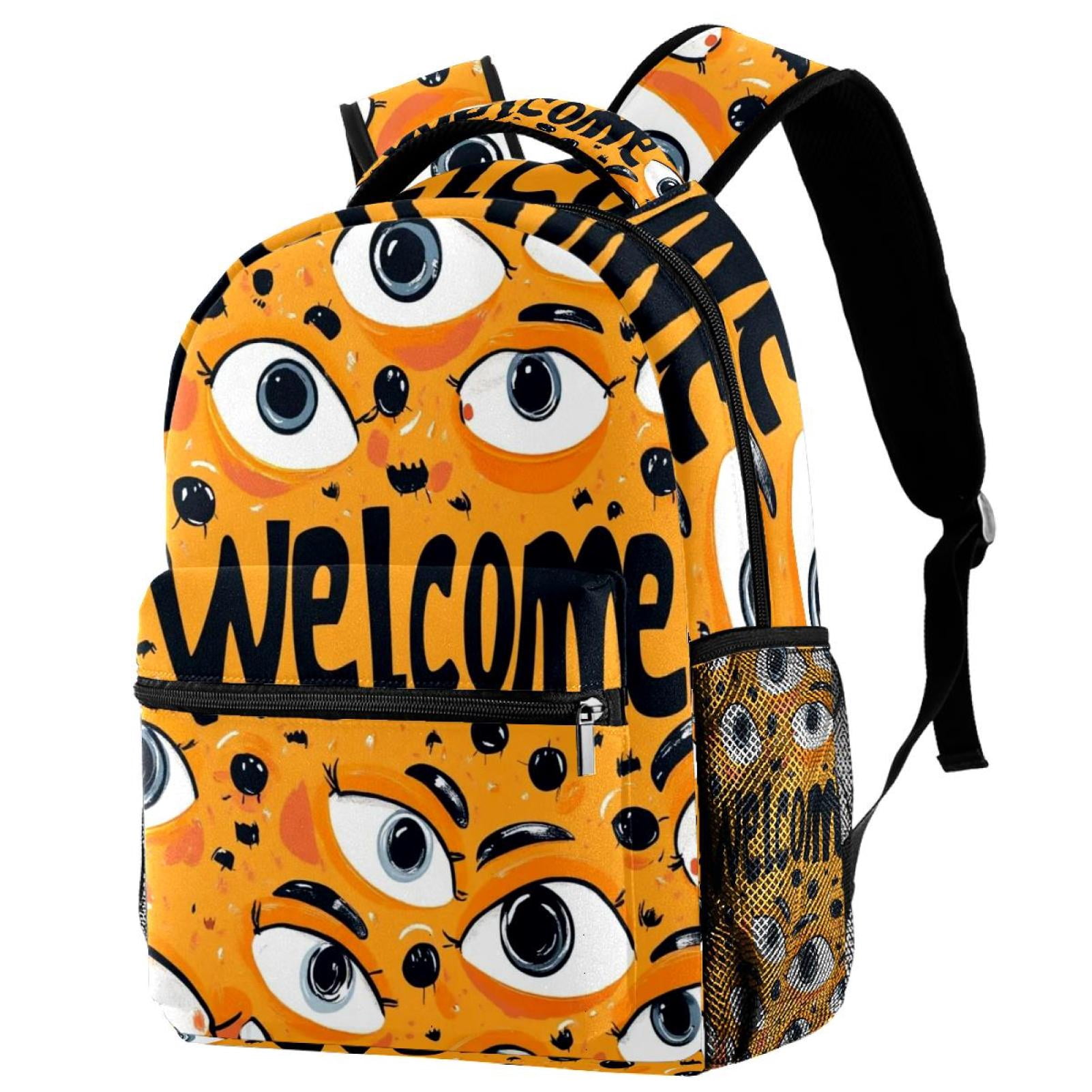 Travel Backpack Teenage Adult Eyeballs Letters Welcome Yellow Backpacks ...