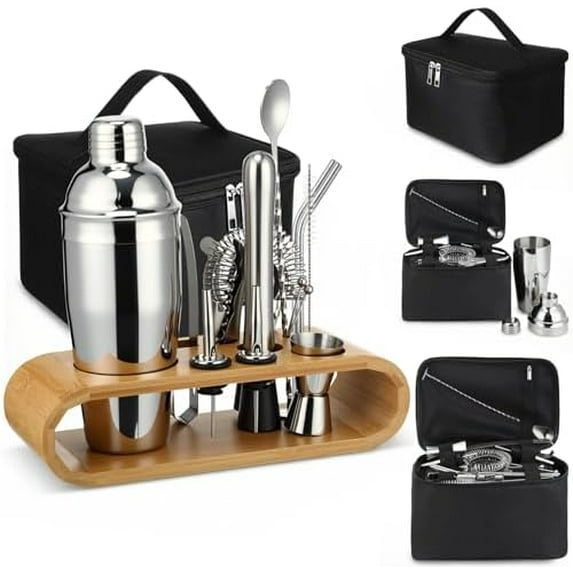Travel Bartender Kit 750ml Cocktail Shaker Set with Wooden Stand ...