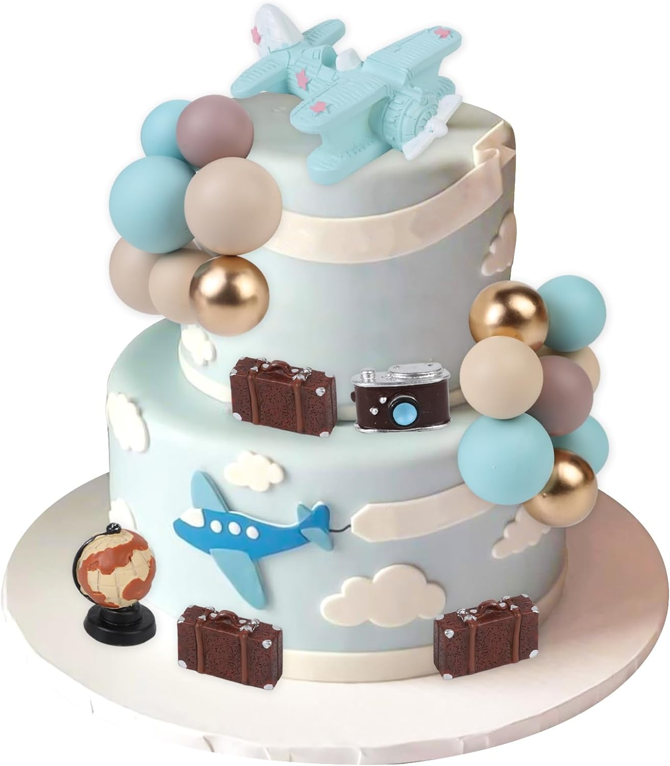 Travel Cake Decorations - Travel Theme Blue Airplane Camera Globe ...
