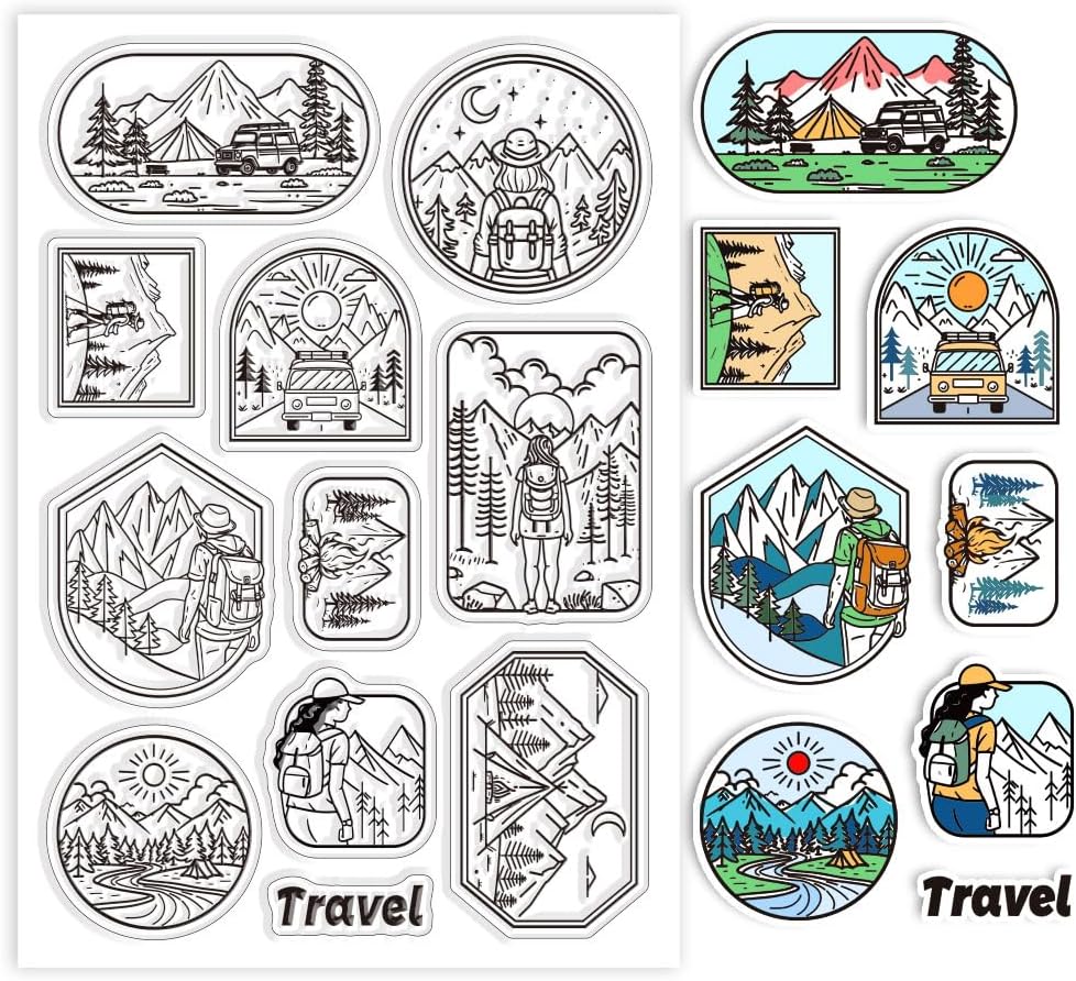 Travel Camping Label Clear Stamps for Cards Making Travel Landscape ...