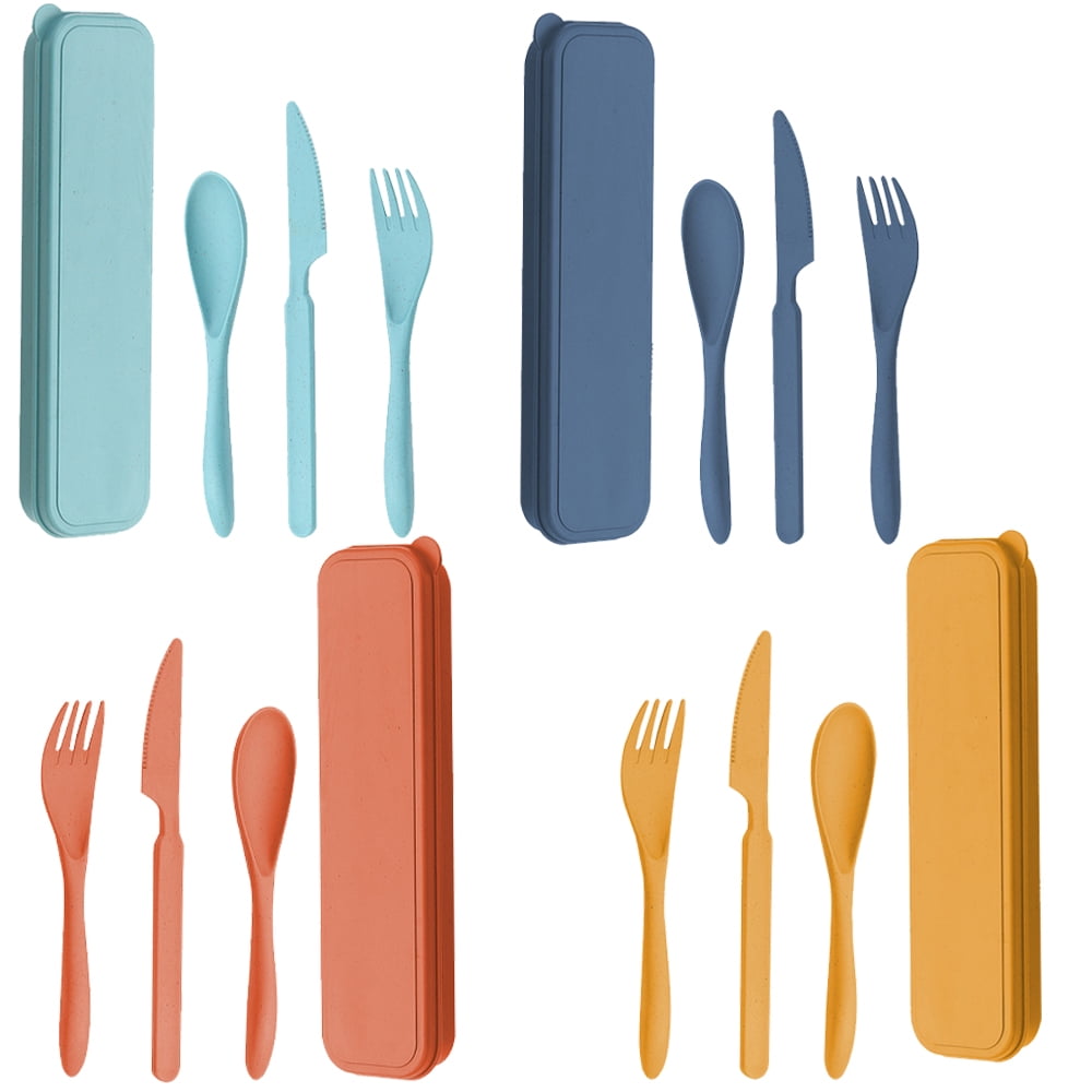Travel Camping Reusable Utensils Set With Case, 4 Sets Wheat Straw ...