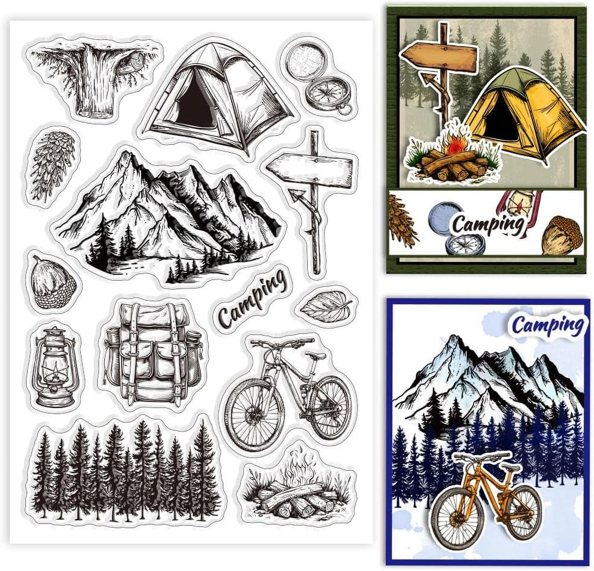 Travel Clear Stamps Camping Tent Mountain Trees Silicone Clear Stamp Seals Bonfire Mountain Bike ...