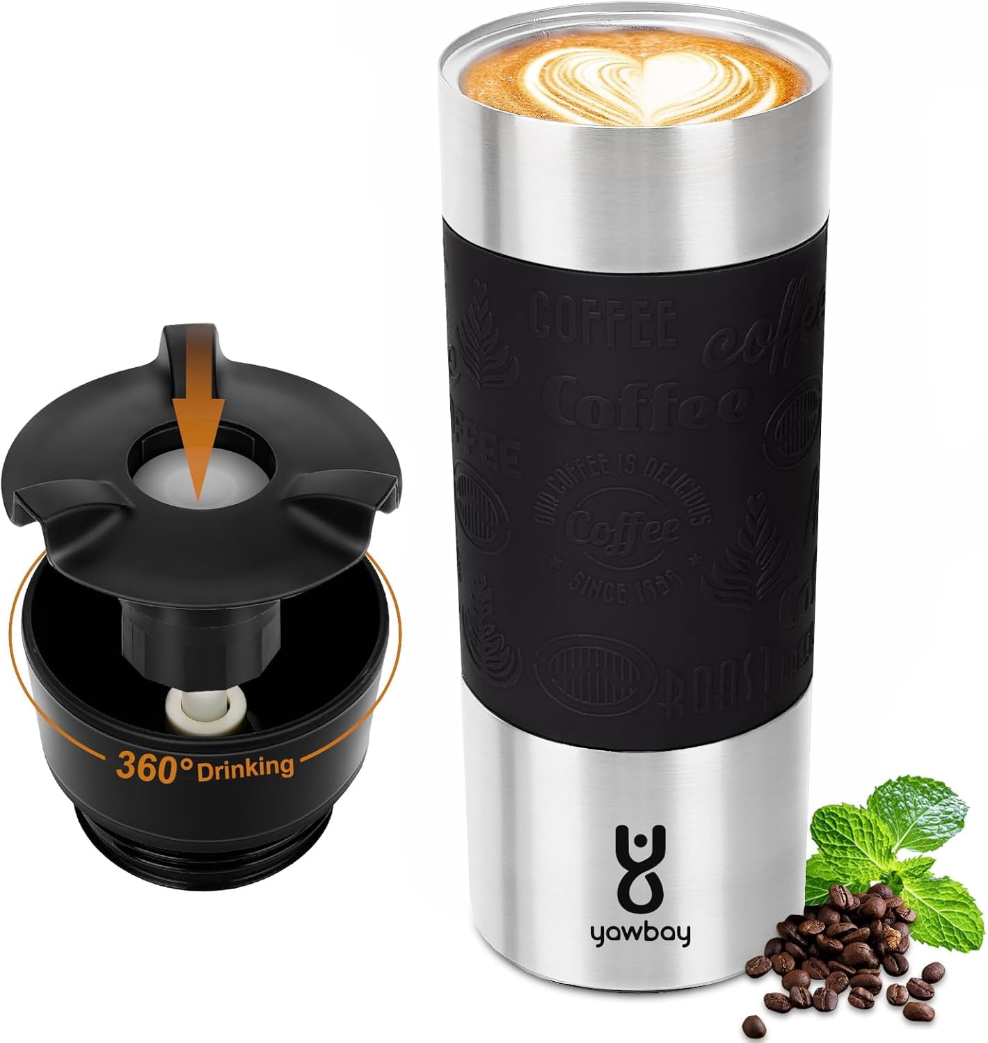 Travel Coffee Mug with 360°Lid, Travel Coffee Tumbler 16 oz Leak Proof ...