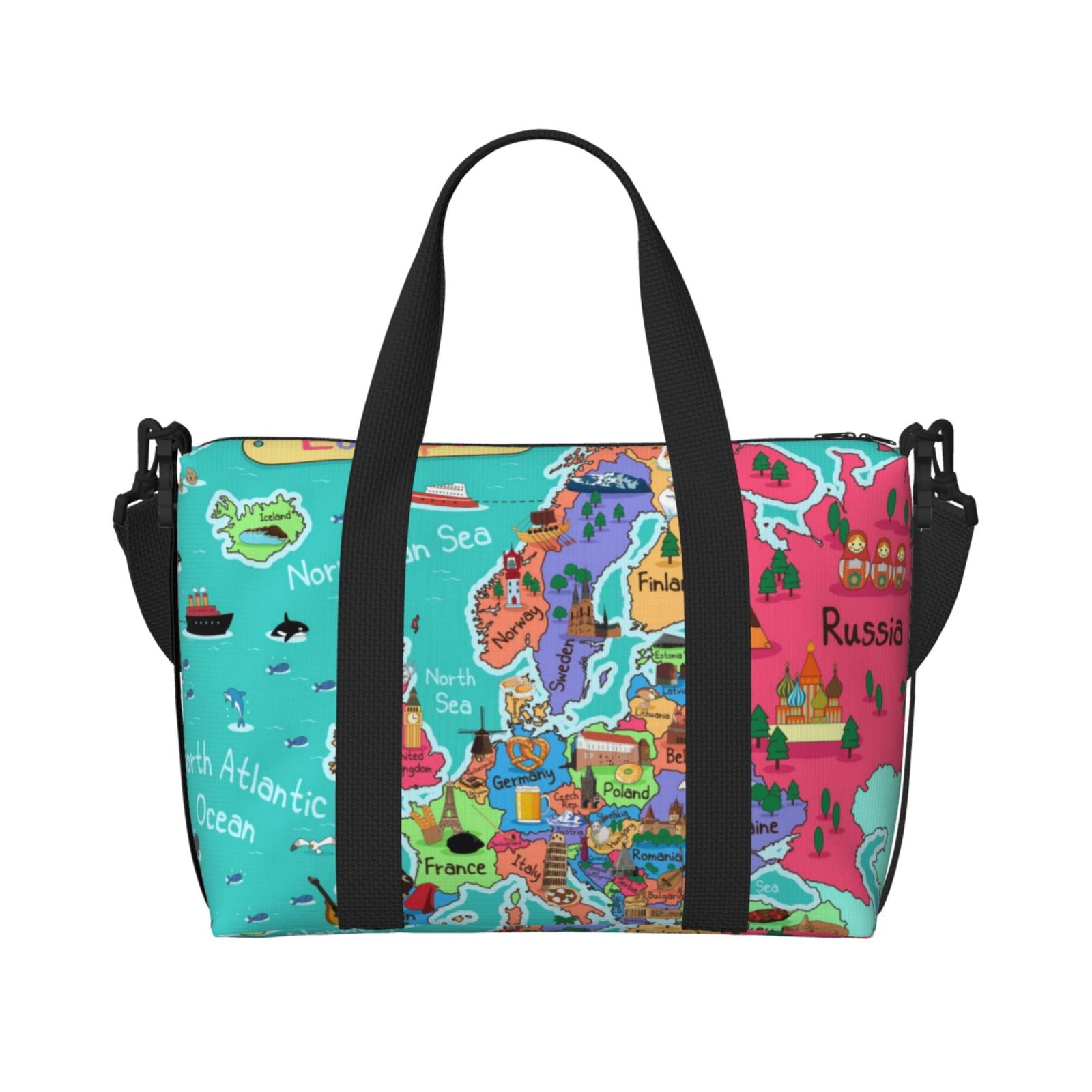 Travel Duffel Bag, Cartoon Map Of Europe Waterproof Carry On Overnight ...