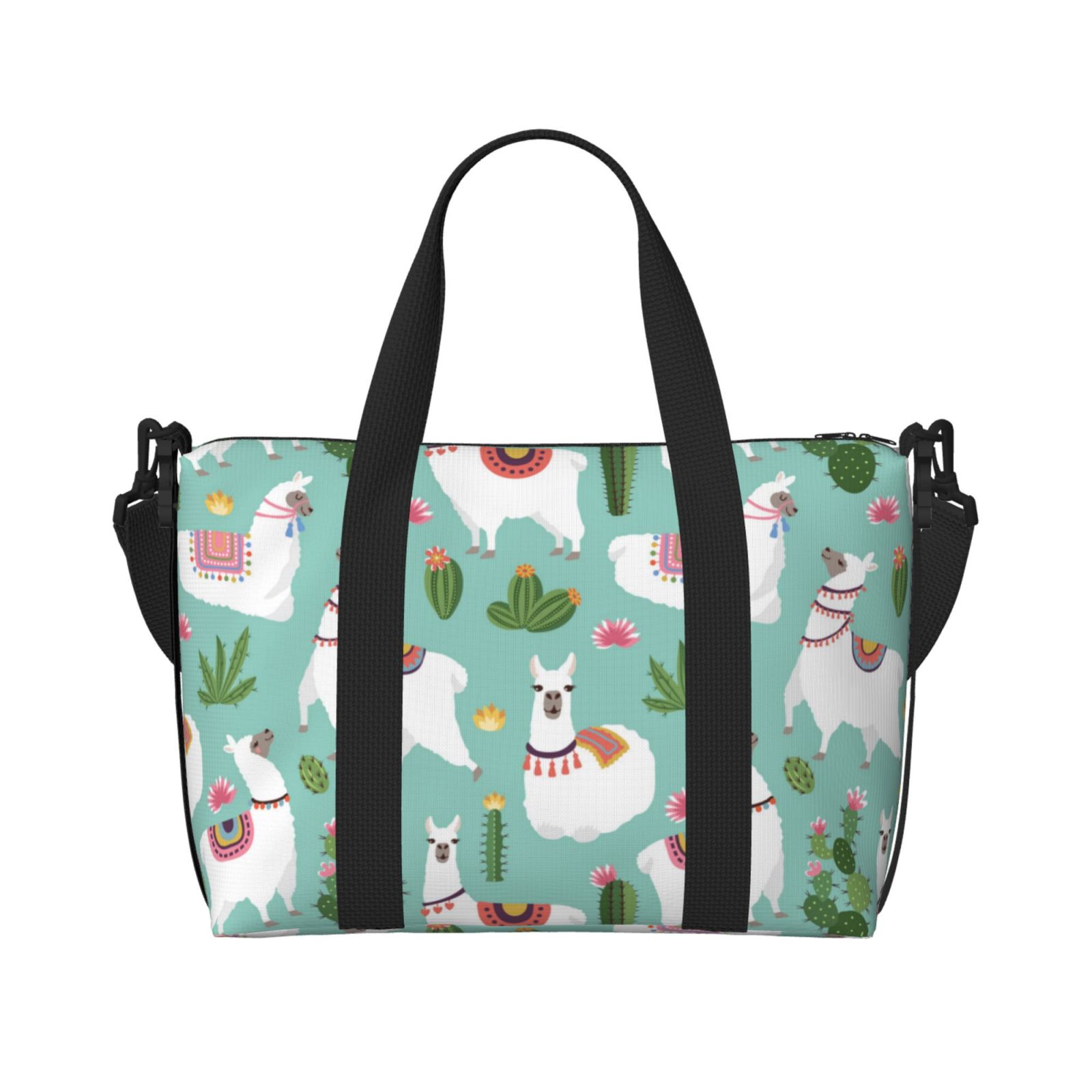 Travel Duffel Bag, White Cute Alpaca Green Cactus Waterproof Carry On ...