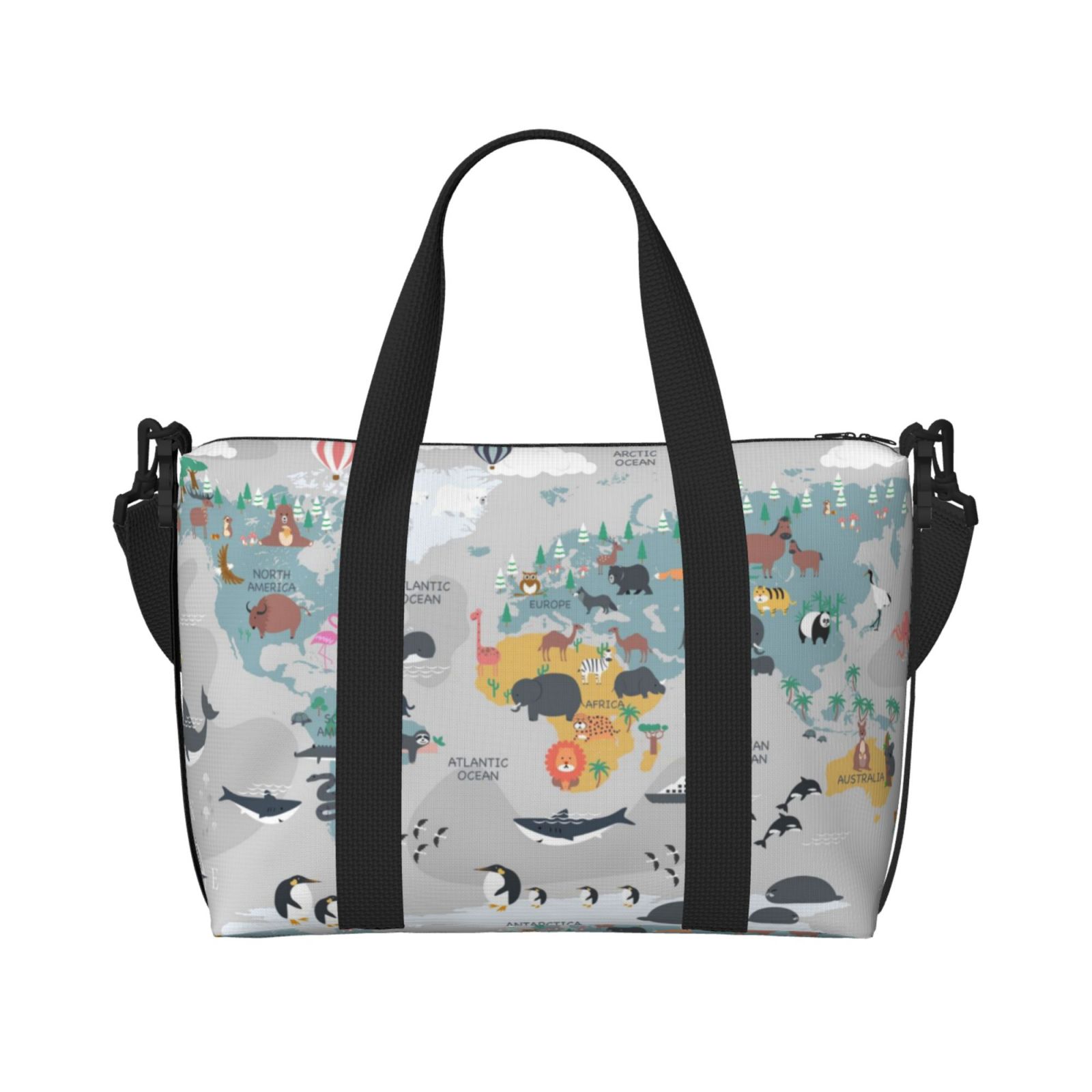 Travel Duffel Bag, World Map with Cartoon Animals Waterproof Carry On ...