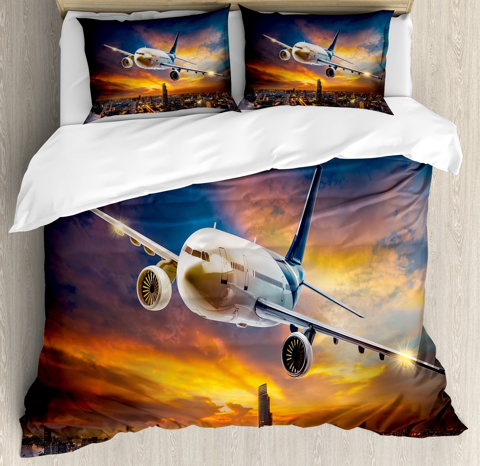 Travel Duvet Cover Set, Aerial View of Airport with Plane on the Air ...