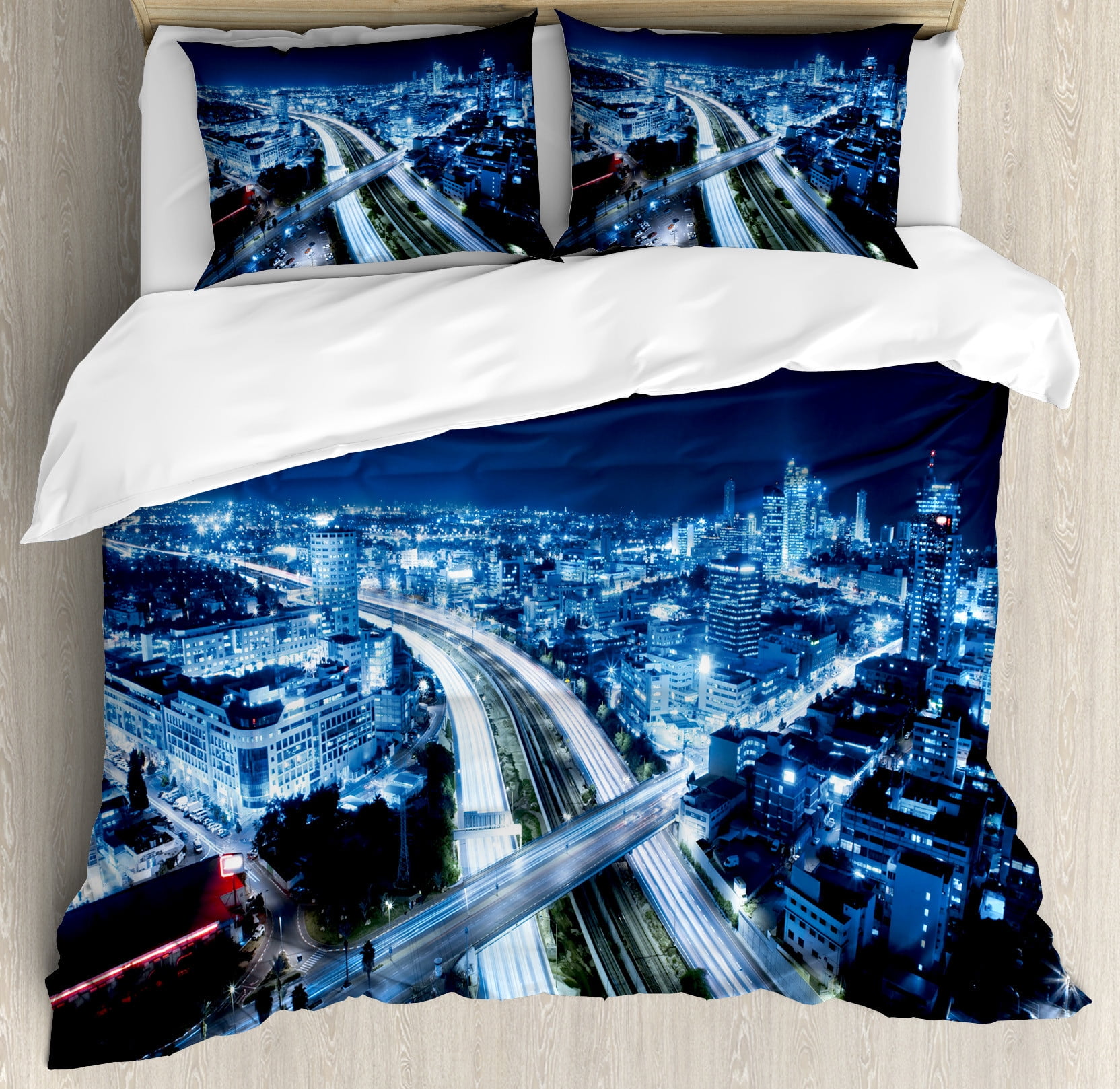 Travel Duvet Cover Set, Aerial View Tel Aviv Night Ayalon Highway City ...