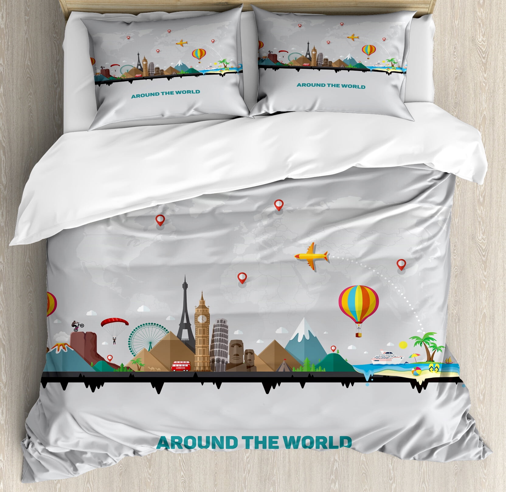 Travel Duvet Cover Set, Around the World Typography with Famous ...