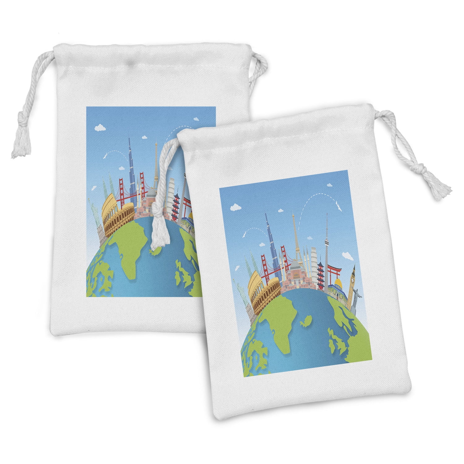Travel Fabric Pouch Set of 2, Explore the World Themed Graphic with ...